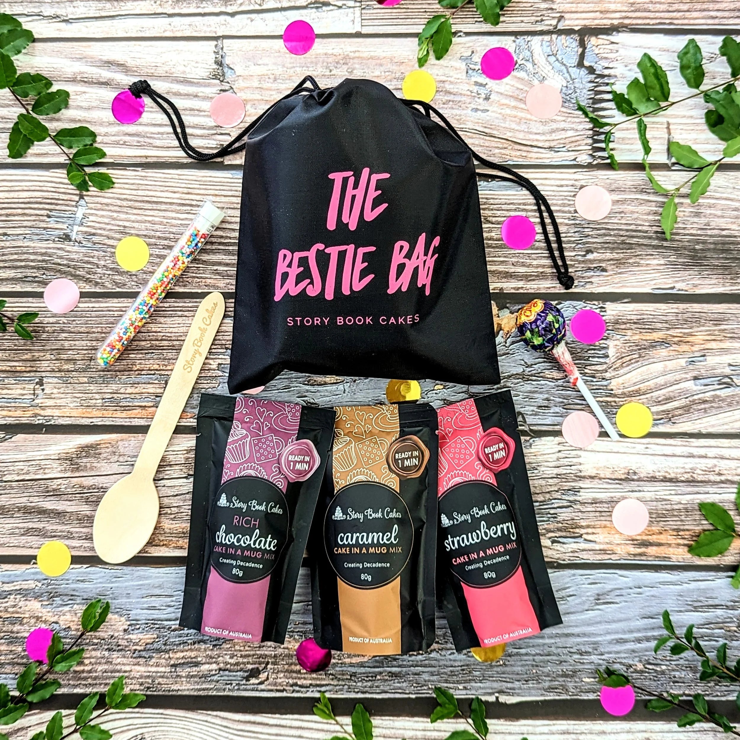 The Bestie Bag - 3 x Cake in a mug, Spoon, Tube of sprinkles & a Lolli ...
